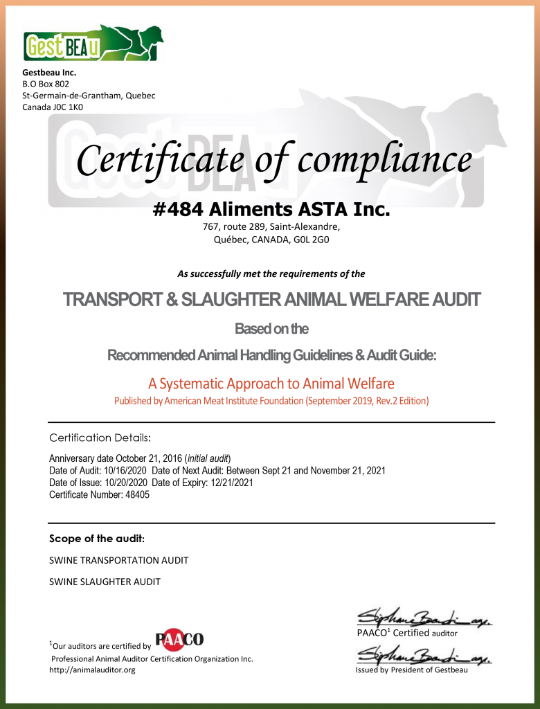 Certifications - Aliments Asta Inc.