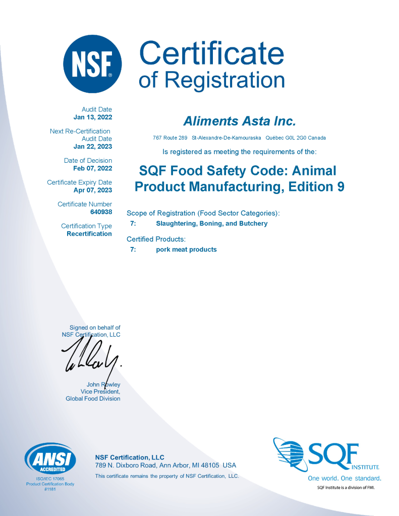 Certifications - Aliments Asta Inc.